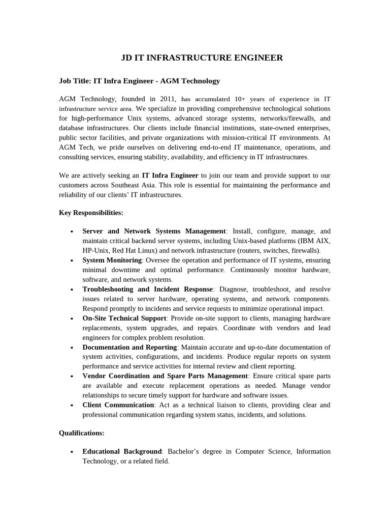 Job Description - IT - Infra - Engineer - AGMT-2024 | PDF | Operating ...