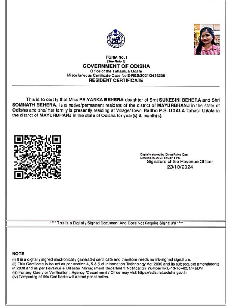 Priyanka Residents Certificate | PDF