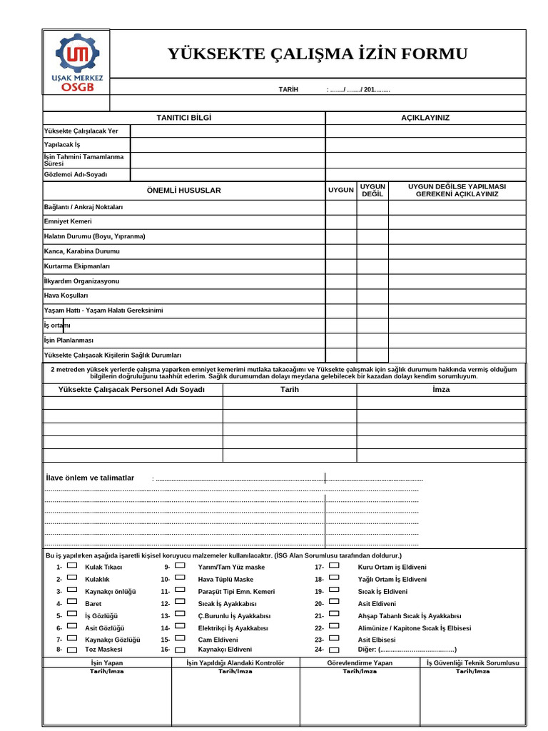 F05-Yüksekte Çalişma İzi̇n Formu | PDF