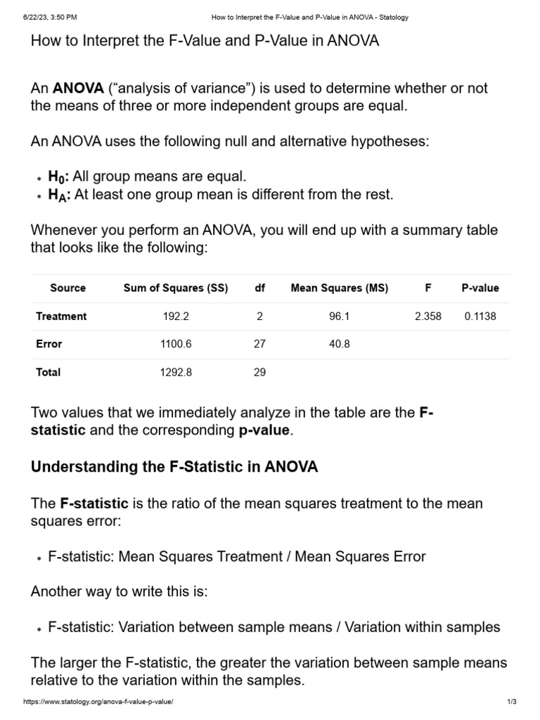 ANOVA F-Value & P-Value Guide | PDF | F Test | P Value
