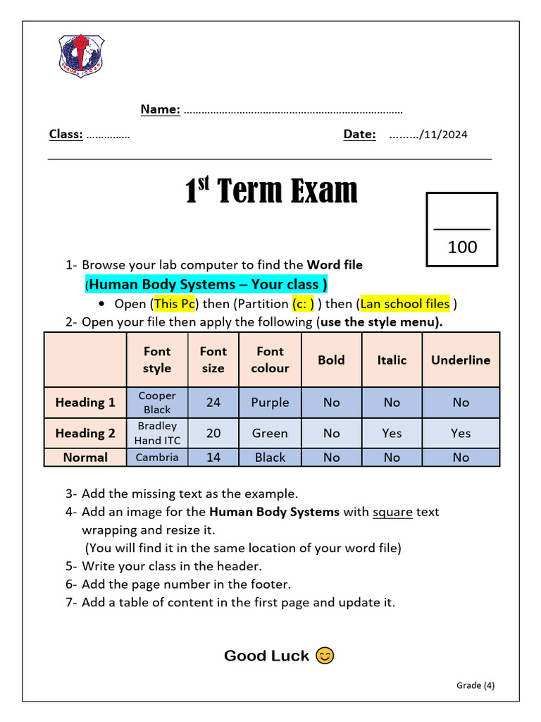 Grade 4 -1st Term Exam | PDF