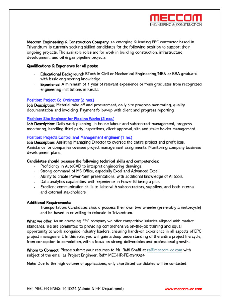 MEC Engineering Job Openings in Trivandrum | PDF | Project Management ...