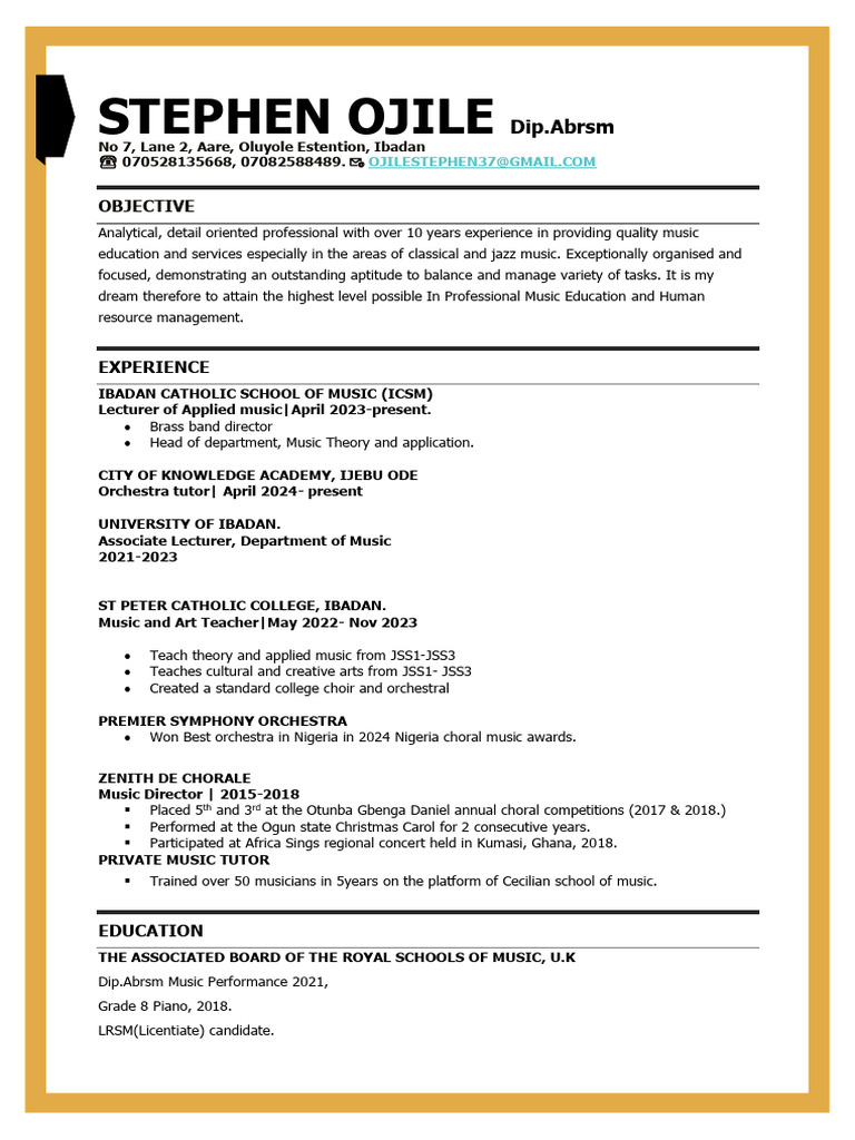 Stephen Benedict Ojile CV | PDF | Orchestras | Performing Arts