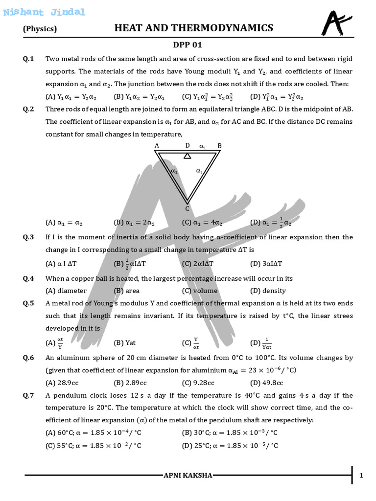 DPP - 01 Heat & Thermodynamics NJ - 247 | PDF | Thermal Expansion | Thermodynamics