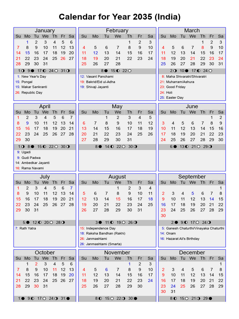 Year 2035 Calendar – India | PDF | Religious Festivals | Observances