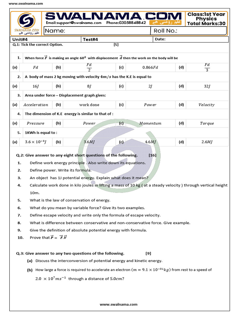 T4 Chapter Wise Test Physics Chapter 4 1st Year | PDF