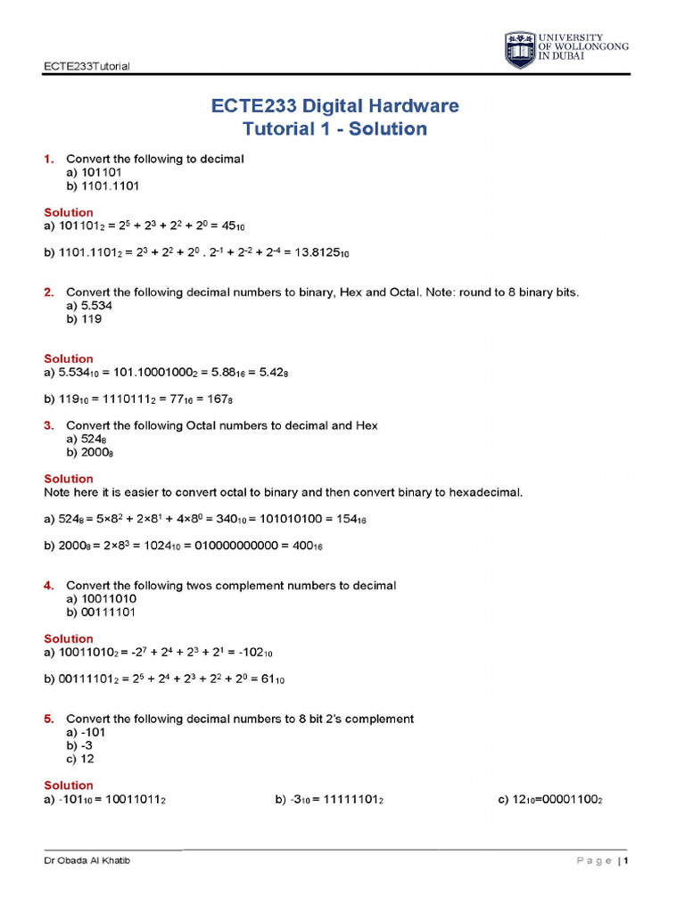 ECTE233 - Tutorial 1 - Sol | PDF