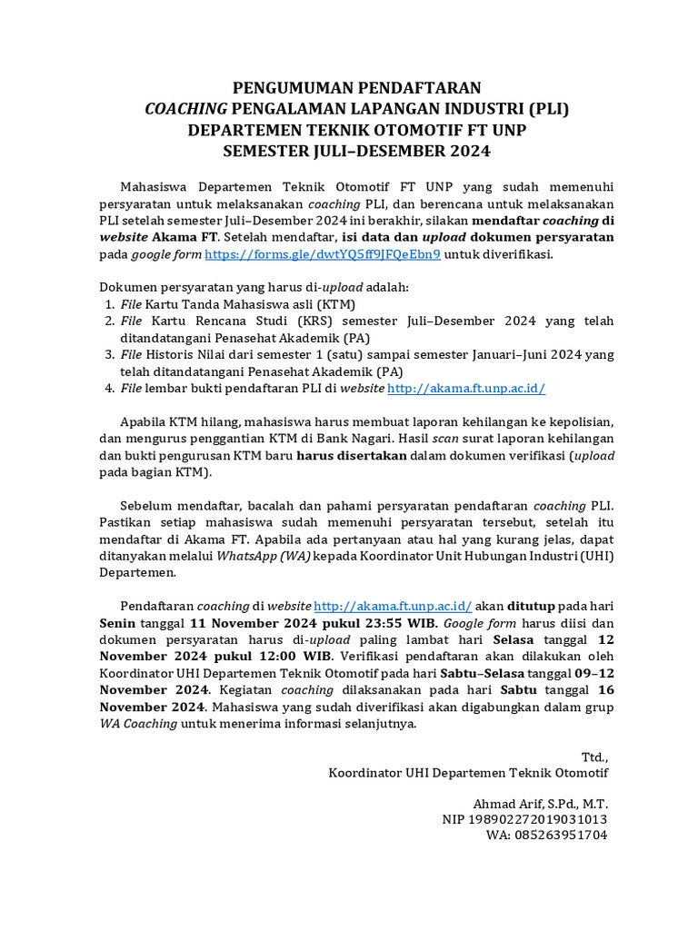 Pengumuman Dan Persyaratan Pendaftaran Coaching PLI Otomotif - Oktober 2024 | PDF | Komputer