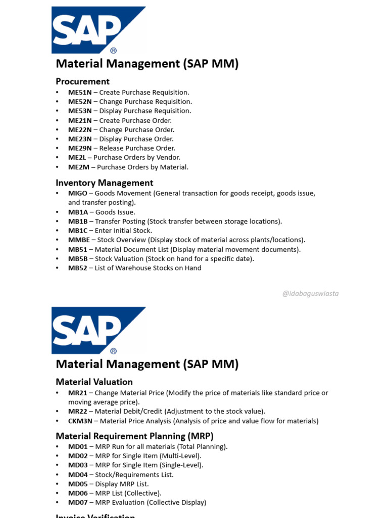 Material Management (SAP MM) T-Code-2 | PDF | Invoice | Valuation (Finance)