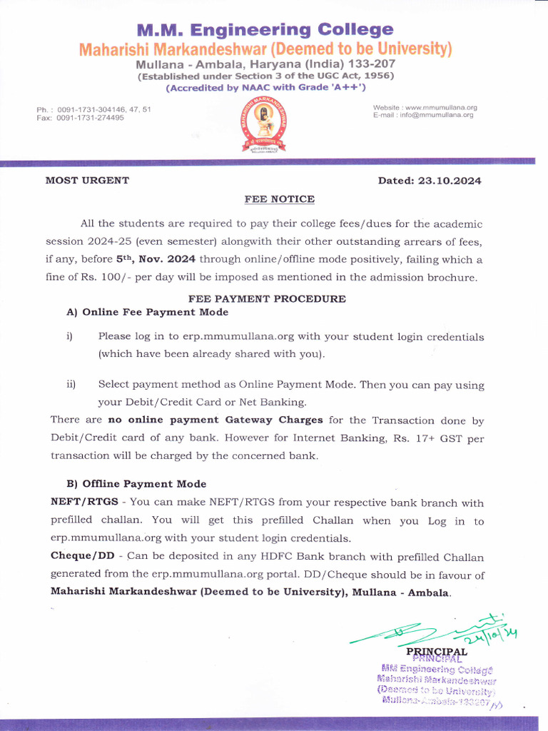 Fee Demand Notice 2024-2025 | PDF | Payments | Banks