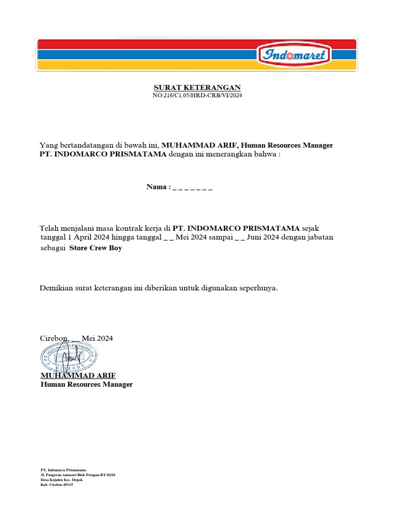 Paklaring INDOMARET BRANCH CIREBON | PDF