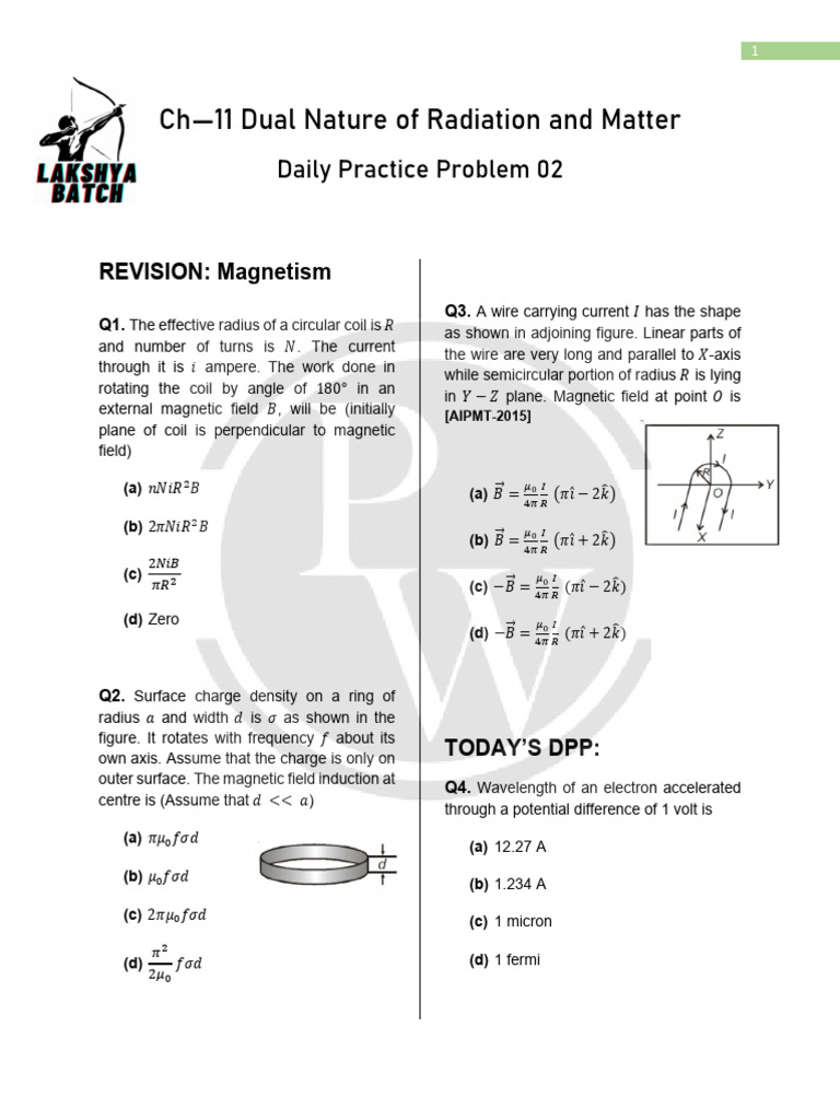 Dual Nature of Radiation and Matter DPP 02 (Of Lect 03) | PDF | Inductor | Magnetic Field