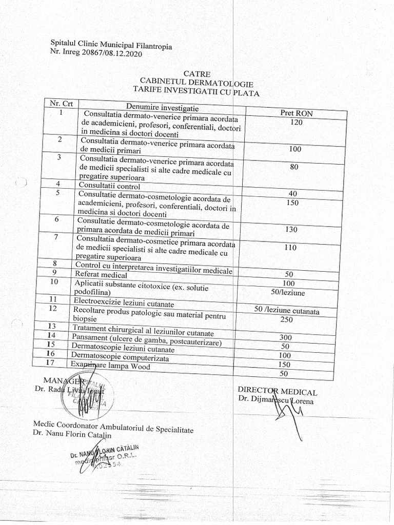 Tarife Cabinete Ambulator DERMATOGIE | PDF