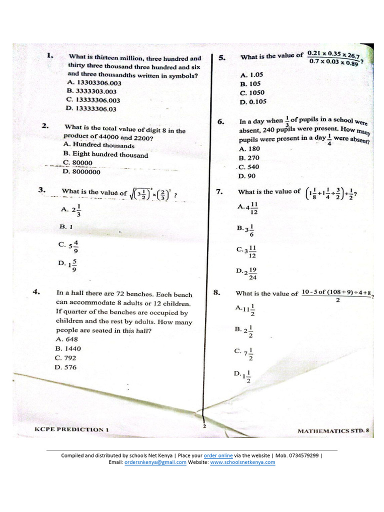 Primary Class 8 Kcpe Prediction Maths 2023 | PDF | Career & Growth ...