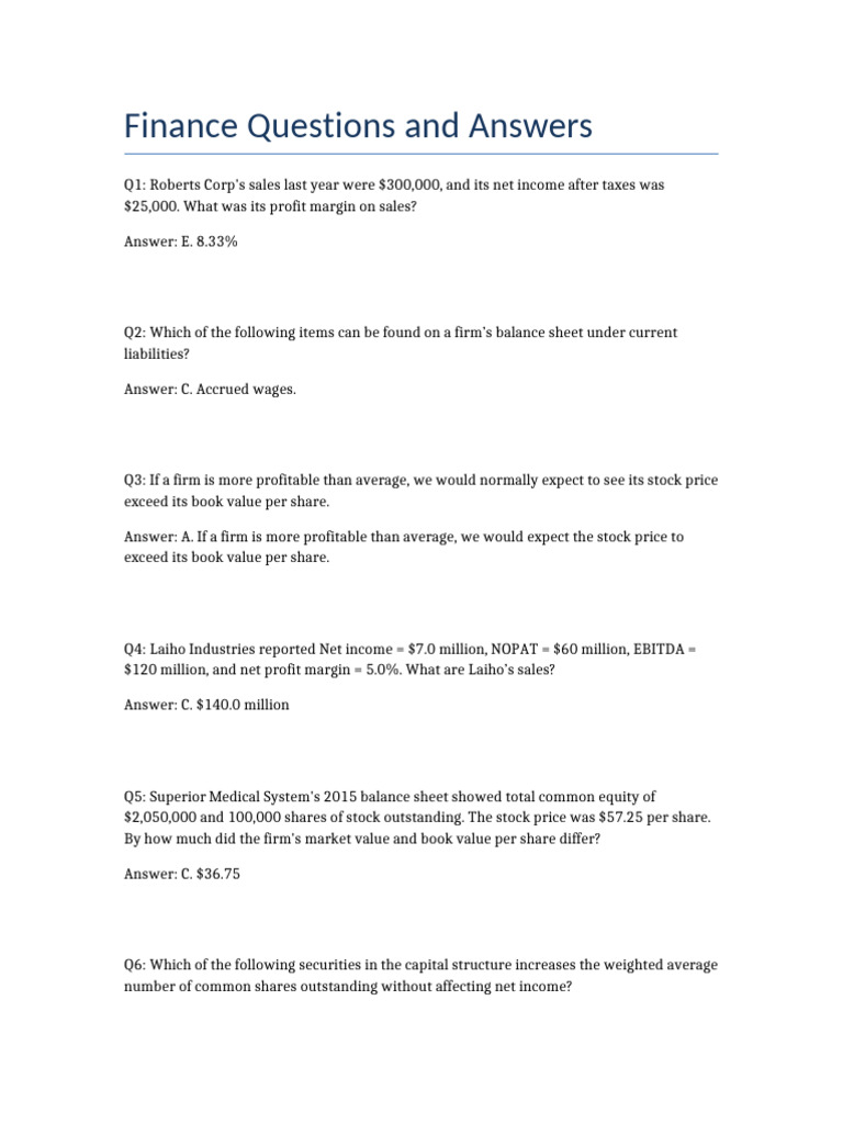 Finance Questions Answers | PDF | Free Cash Flow | Money