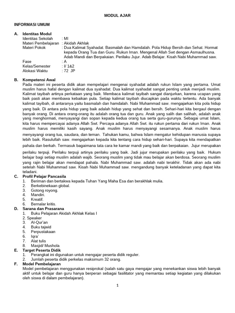 Modul Ajar Akidah Akhlak Kelas 1 MI | PDF