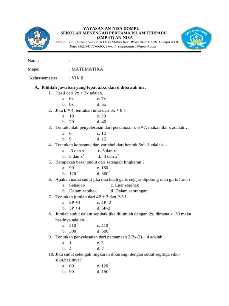 SOAL UAS MTK Genap Kls 7 NA | PDF | Metode & Bahan Ajar