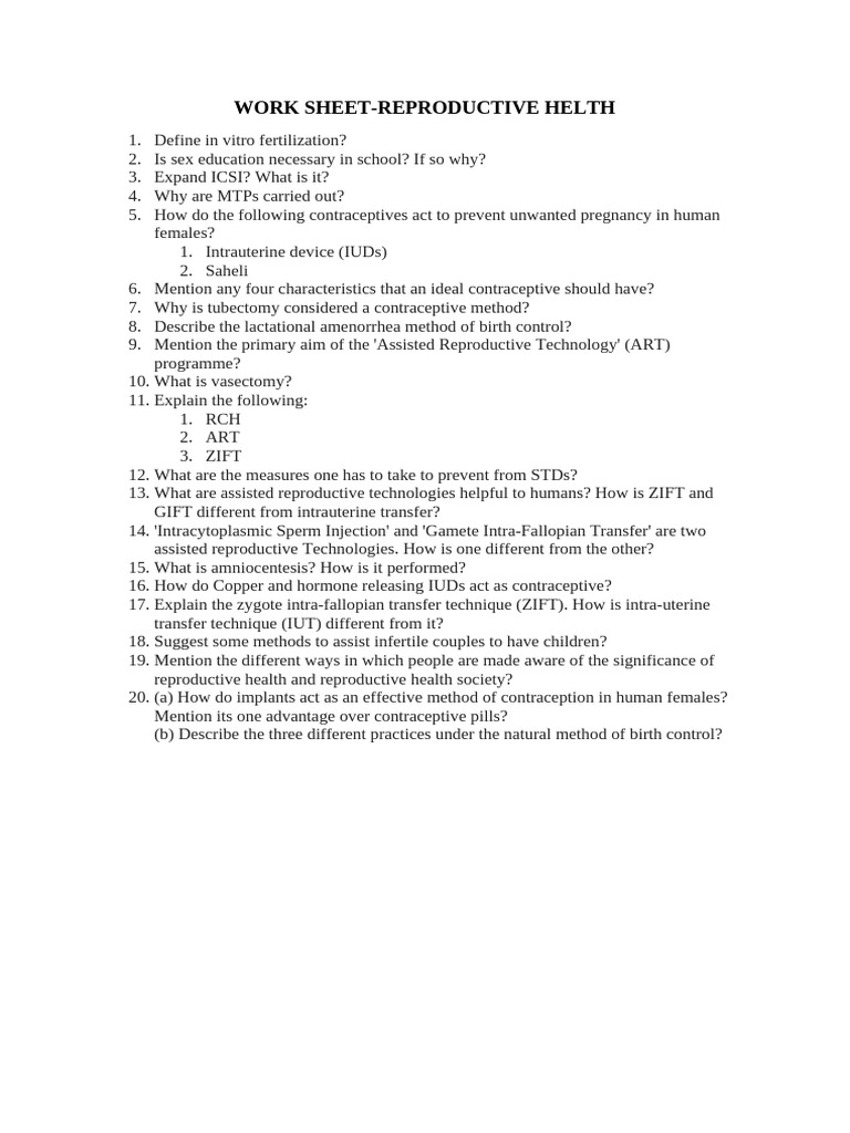 Worksheet On Reproductive Health | PDF