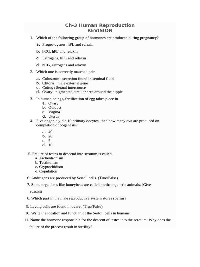 Revision Sexual Reproduction in Humans Class 12 | PDF | Ovary ...