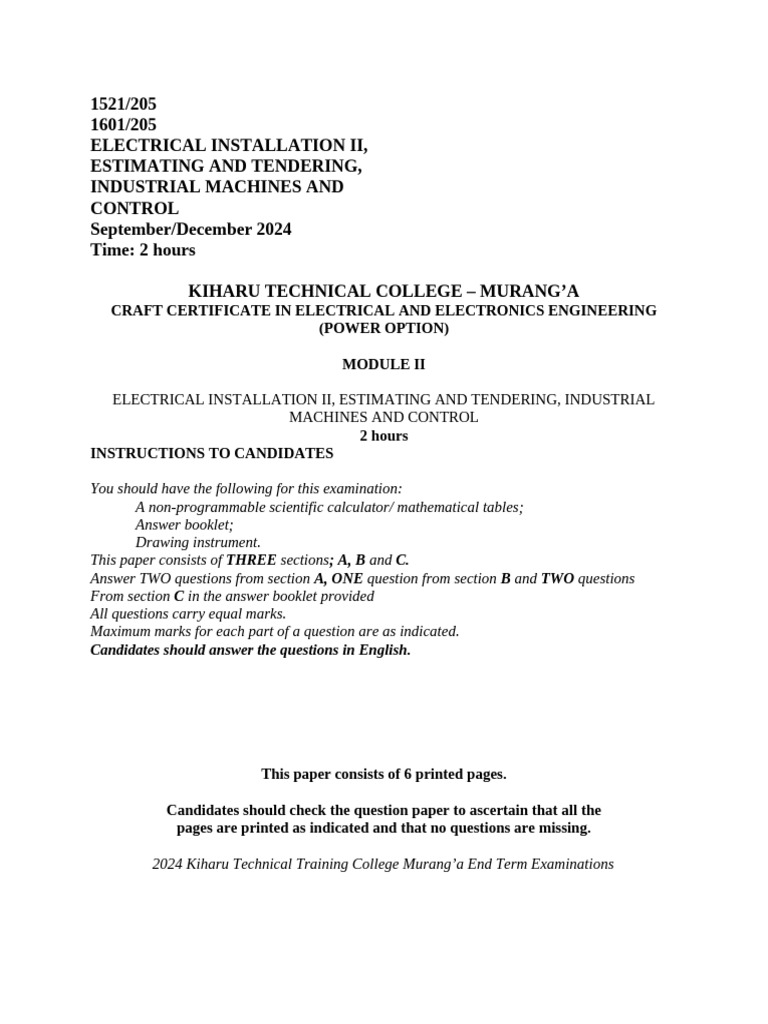 Electrical Installation Ii, Estimating and Tendering, Industrial ...
