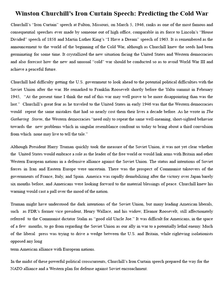 Iron Curtain Speech Text | PDF | Winston Churchill | Iron Curtain