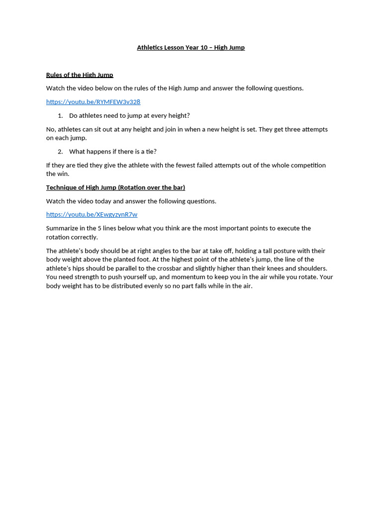 Year 10 High Jump Rules & Techniques | PDF