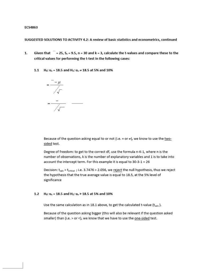ECS4863 SOLUTIONS Activity 4.2 A Reviews of Statistical and Econometric Concepts Continued | PDF ...