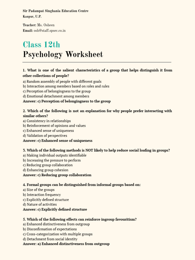 Psych Worksheet | PDF | Attitude (Psychology) | Social Psychology