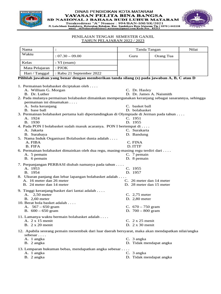 Soal Pjok Pts 1 Klas 6 Siap | PDF