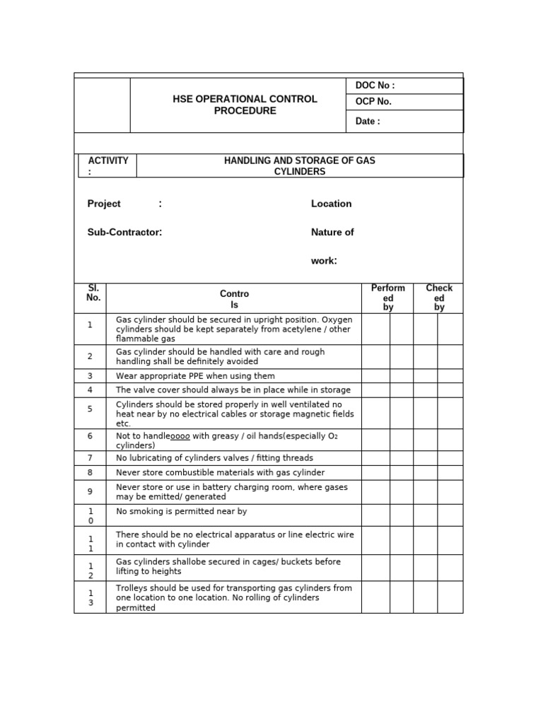 HSE Operational Control Procedure For Handling and Storage of Gas ...