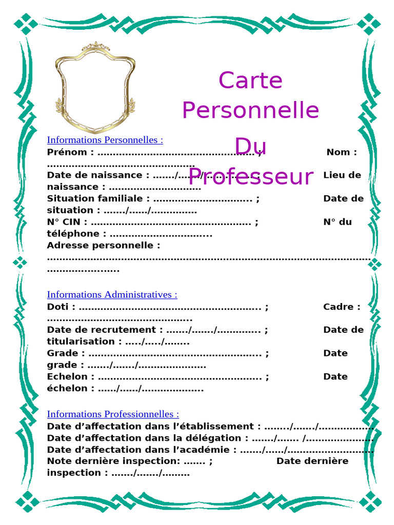 Carte Personnelle Du Professeur | PDF