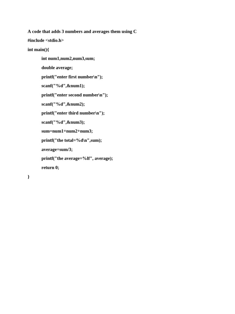 C Program for Sum and Average of 3 Numbers | PDF