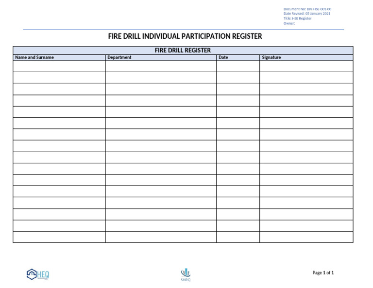 Register - Fire Drill Attendance - 2021 | PDF
