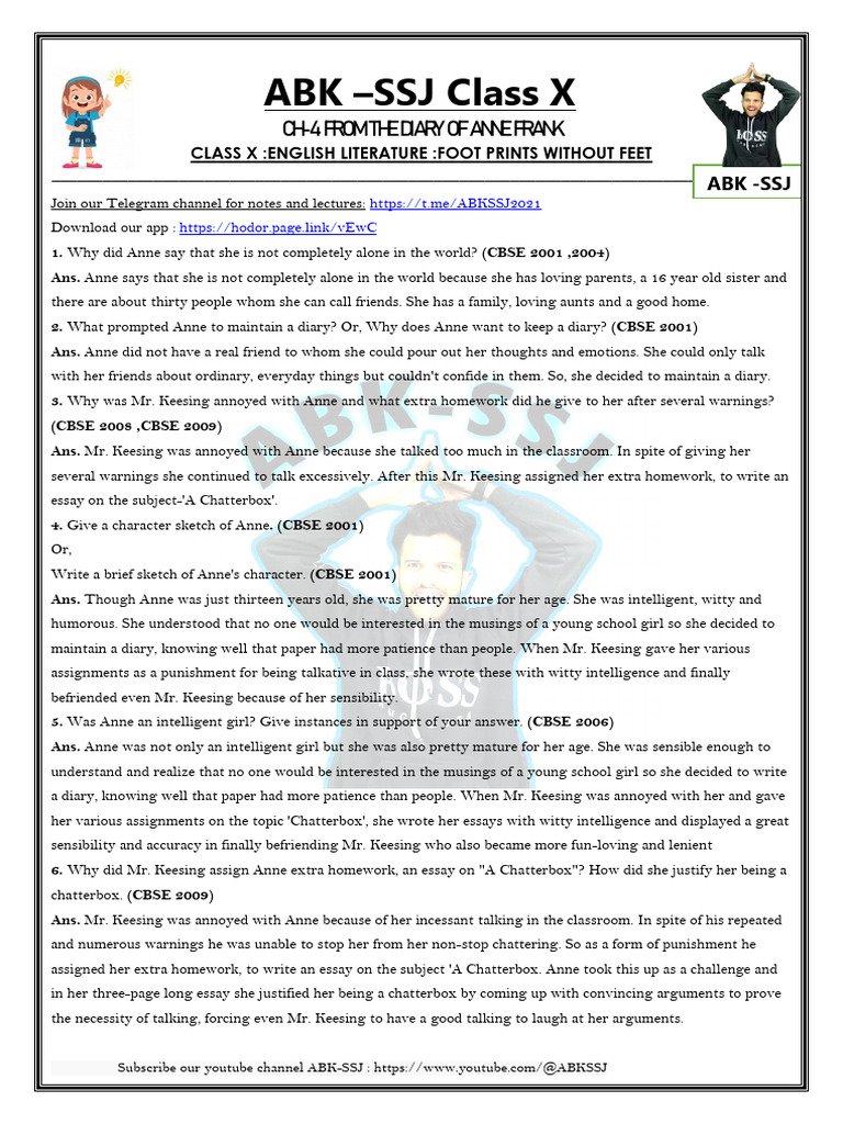 Anne Frank Class 10 Question Answers | PDF | Poetry | General Fiction