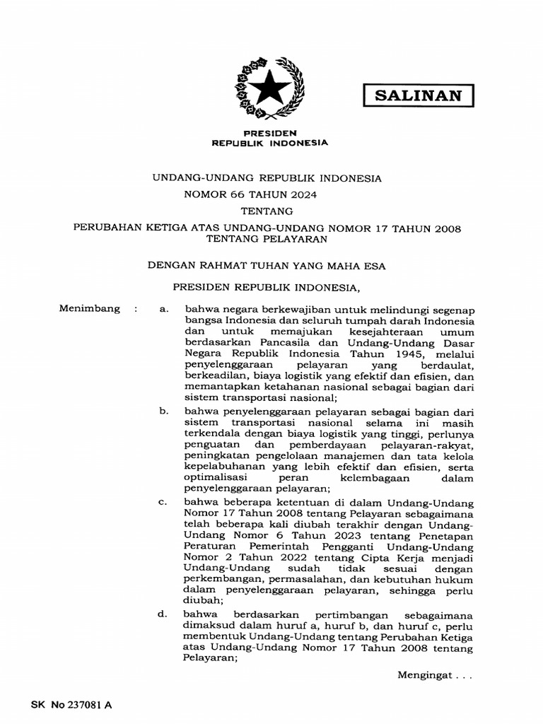 Salinan UU Nomor 66 Tahun 2024 | PDF