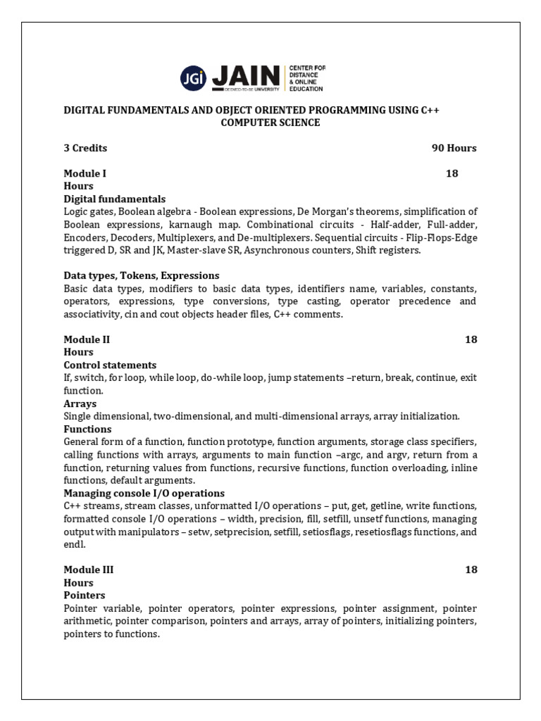 DIGITAL FUNDAMENTALS AND OBJECT ORIENTED PROGRAMMING USING C Sem I | PDF | Pointer (Computer ...