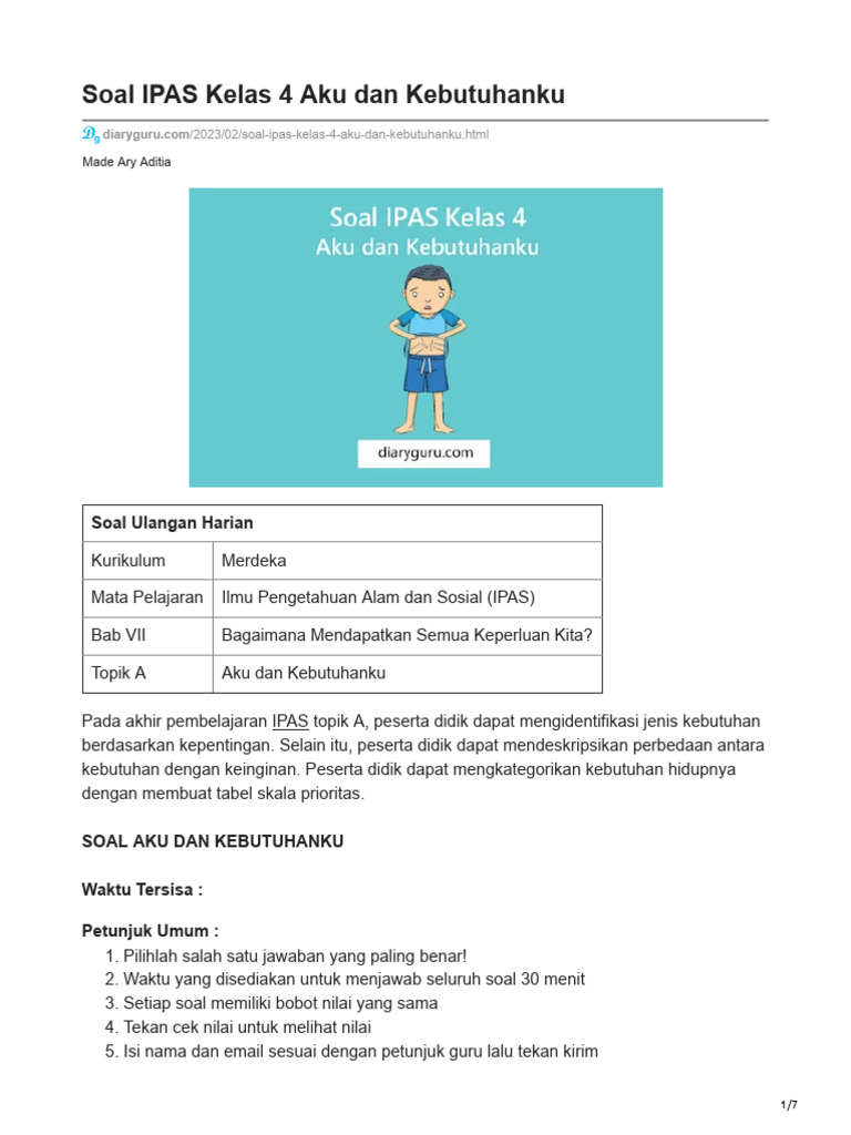 Soal IPAS Kelas 4 Aku Dan Kebutuhanku | PDF | Olahraga & Rekreasi