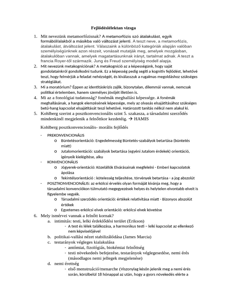 Fejlődéslélektan Vizsga | PDF