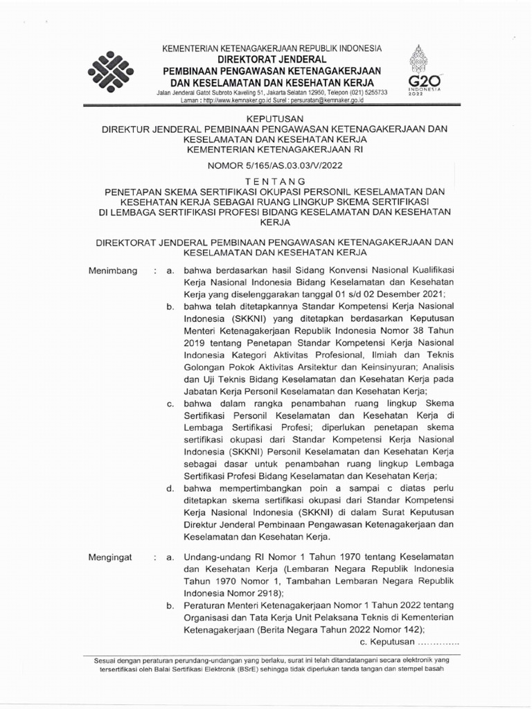 Keputusan Dirjen Binwasnaker 2022 (Okupasi Personil K3) | PDF