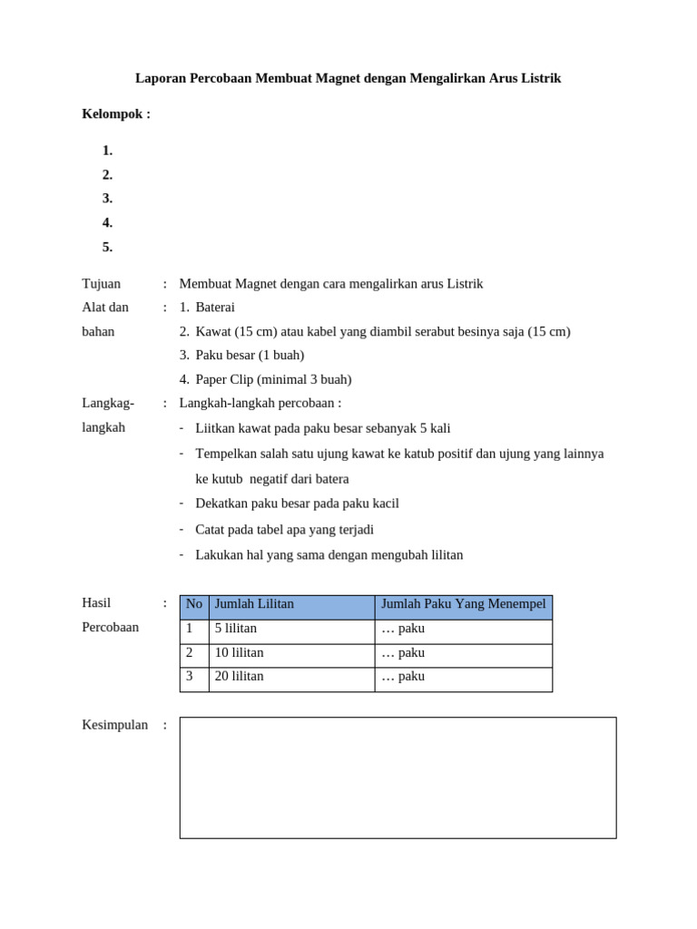 Laporan Percobaan Membuat Magnet Dengan Mengalirkan Arus Listrik | PDF