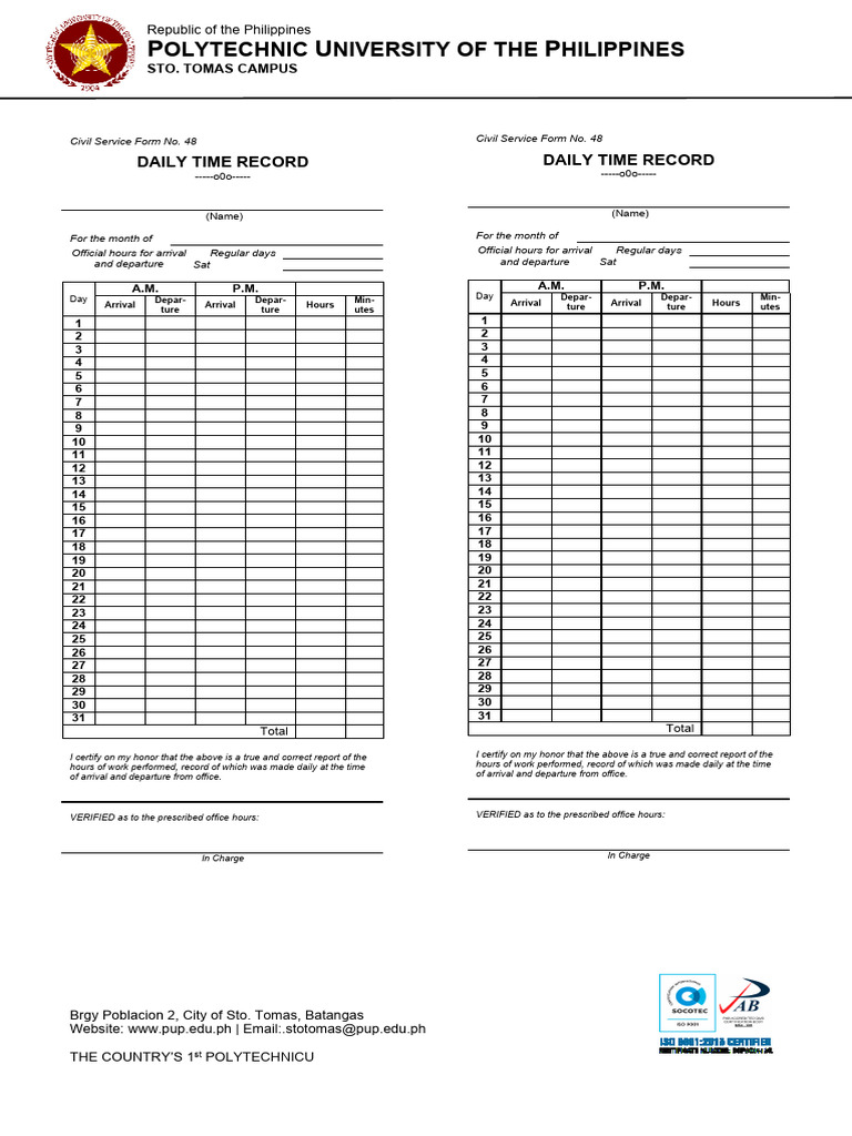 Daily Time Record Form Template | PDF