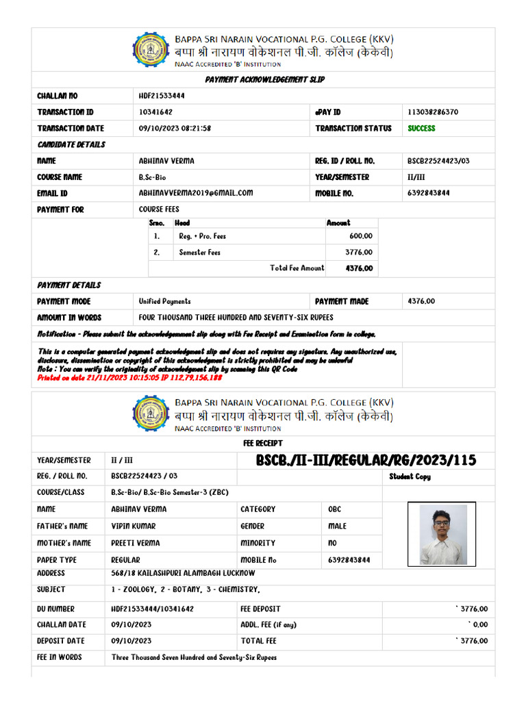 Abhi Payment Acknowledgment Receipt | PDF