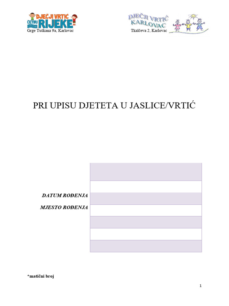 Upitnik Za Upis U Vrti - Novo | PDF