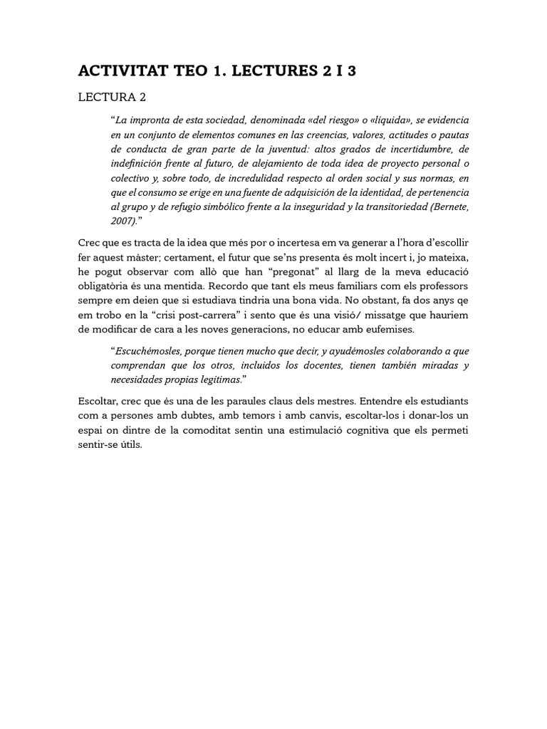 Activitat Teo 1. Lectures 2 I 3 | PDF