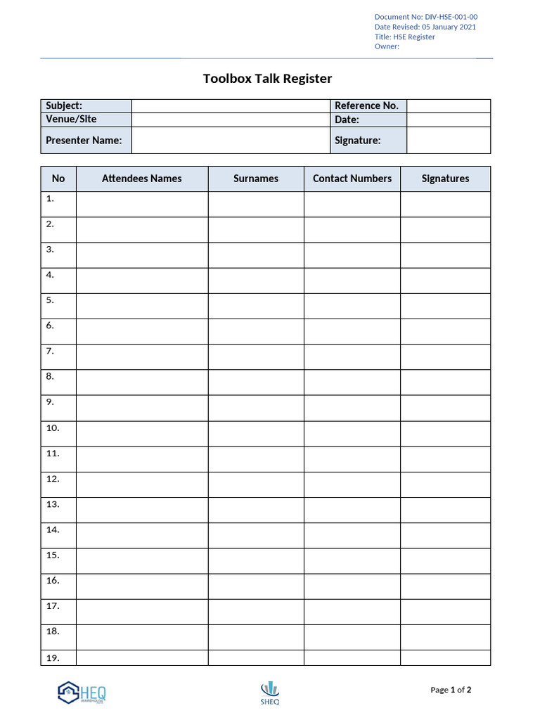 Register - Toolbox Talk - 2021 | PDF