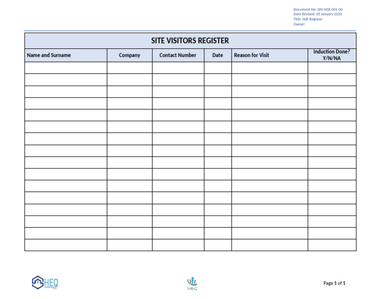 HSE Site Visitors Register Template | PDF