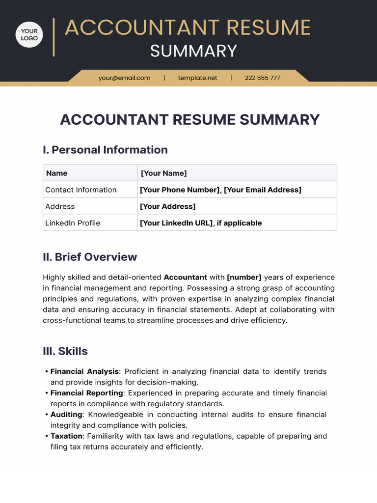 Accountant Resume Summary Template | PDF