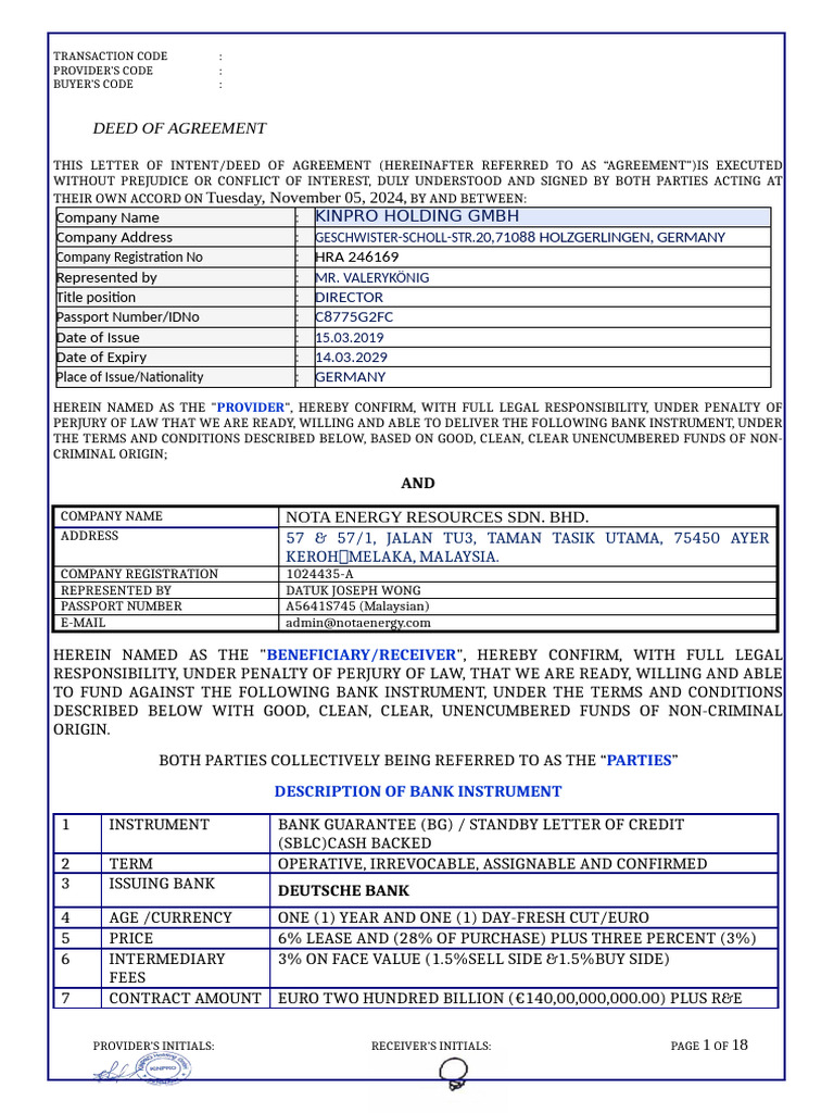 Doa Kinpro Holding GMBH SBLC BG-1 | PDF | Letter Of Credit | Banks