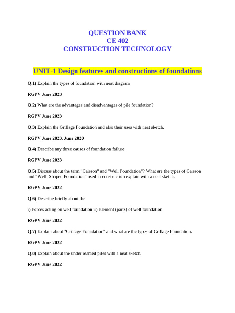 Question Bank CT Ce402 | PDF | Deep Foundation | Foundation (Engineering)