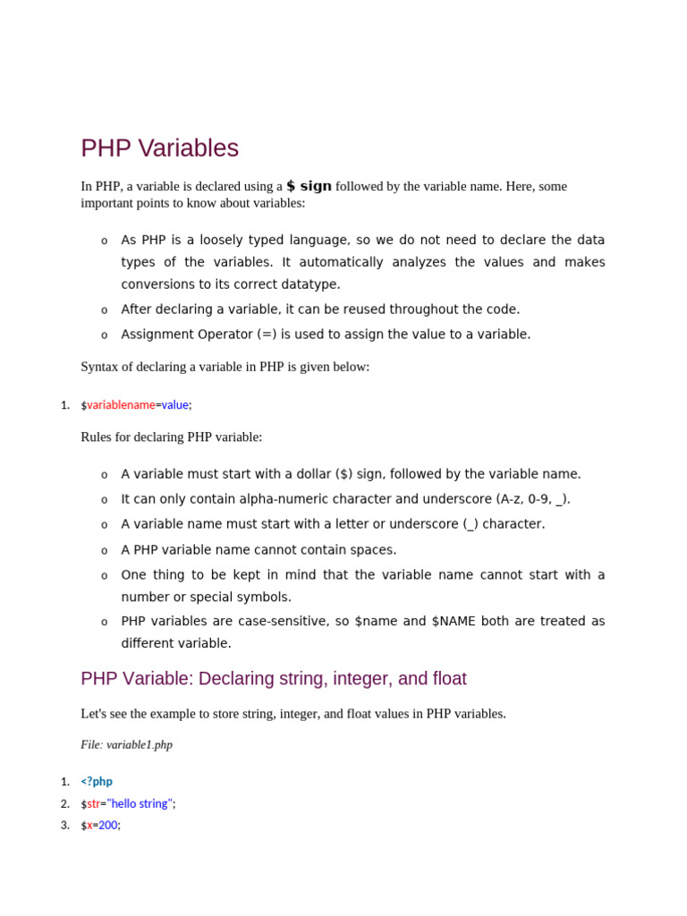 Php Variables Pdf Variable Computer Science Php 9132